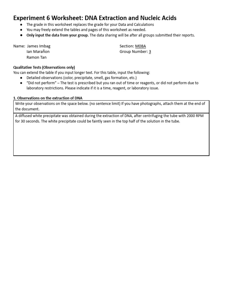 DNA Extraction and Analysis Worksheet | PDF | Biotechnology | Biochemistry