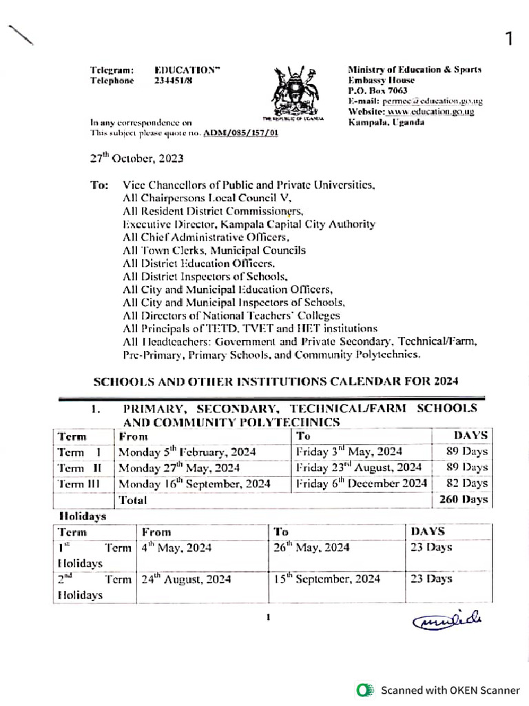 Ugandan School Calendar 2024 | PDF