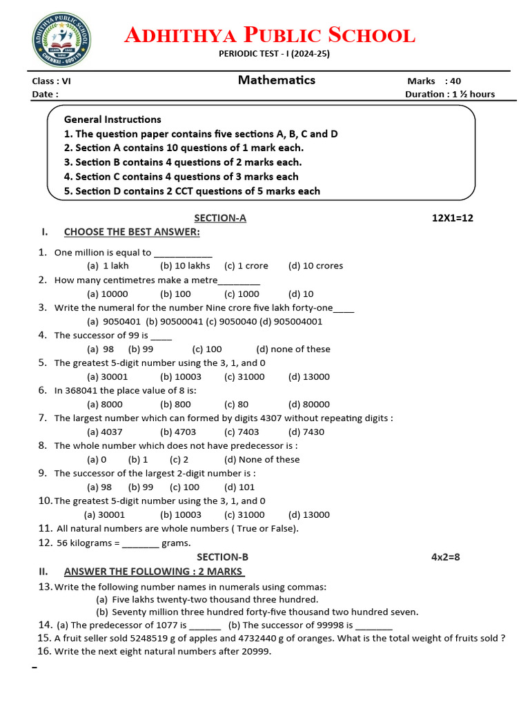 G-6 Math PT-1 | PDF | Numbers | Arithmetic