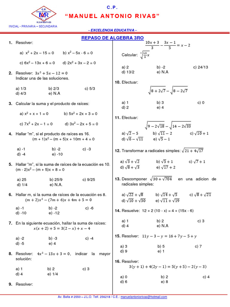 REPASO DE ALGEBRA 3RO | PDF | Matemáticas | Objetos matemáticos