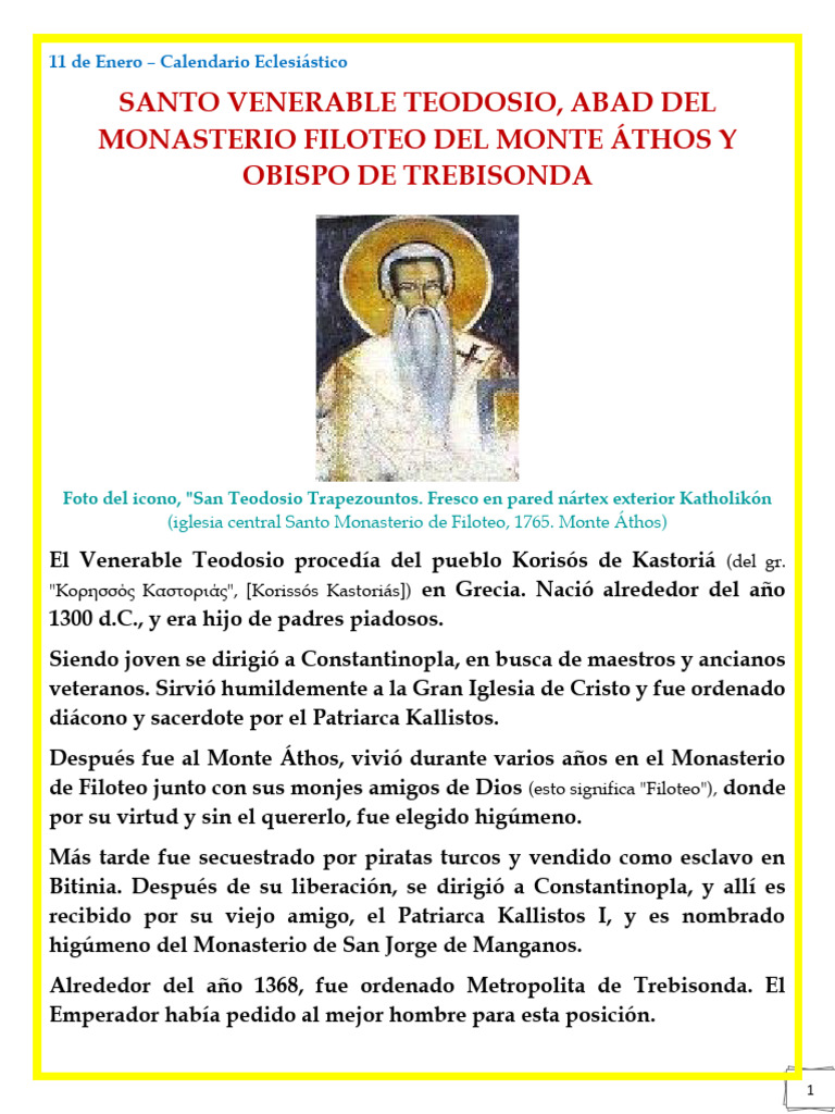 11 de Enero - Venerable Teodosio, Abad Del Monasterio Filoteo Del Monte ...