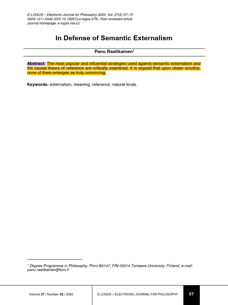 (L) in Defense of Semantic Externalism - Panu Raatikainen | PDF ...