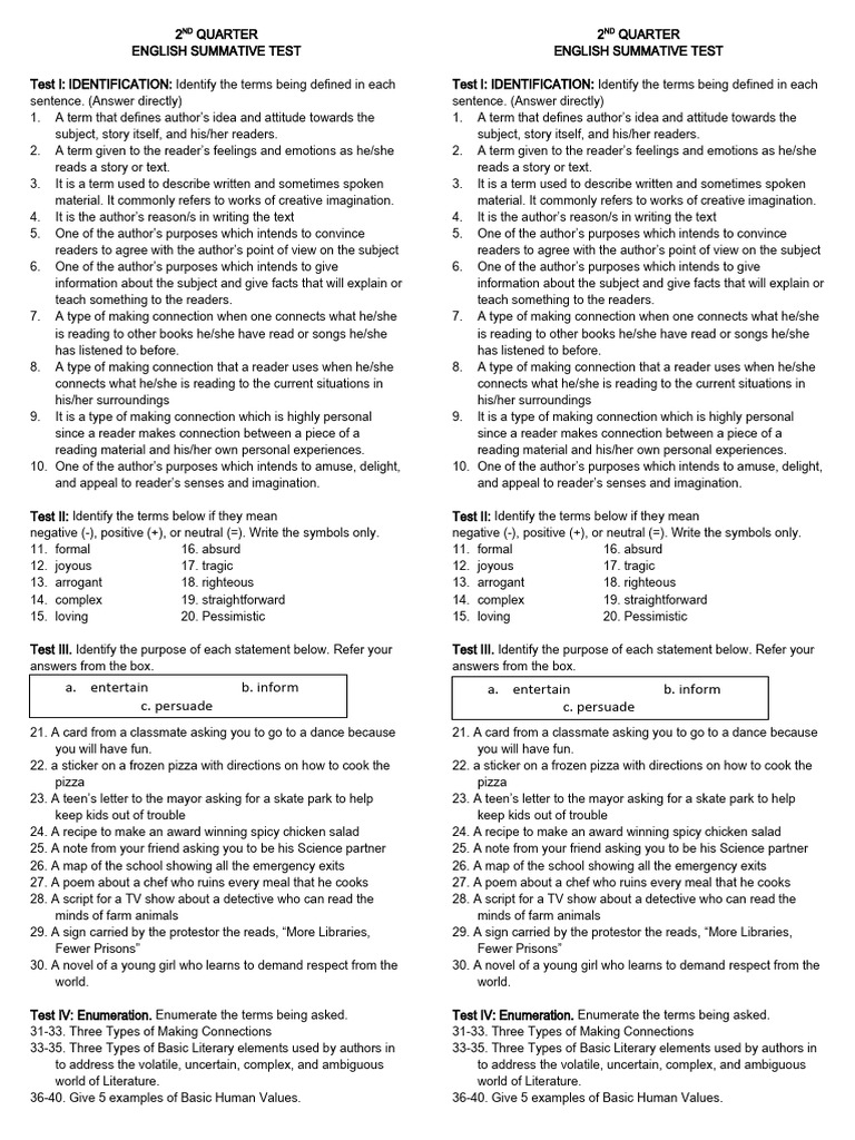 2ND QUARTER Summative Test | PDF | Feeling | Psychological Concepts