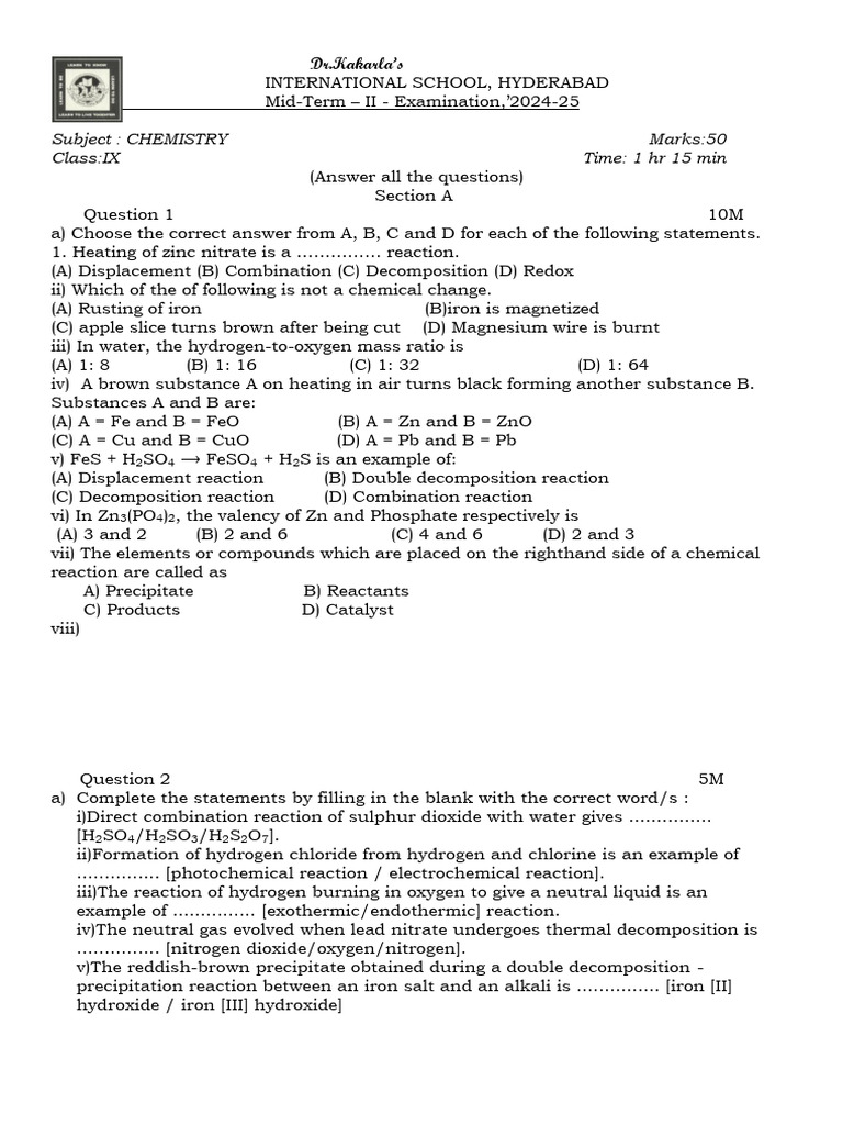 2024-2025 9 Mid Term 2 | PDF | Chemical Reactions | Chlorine