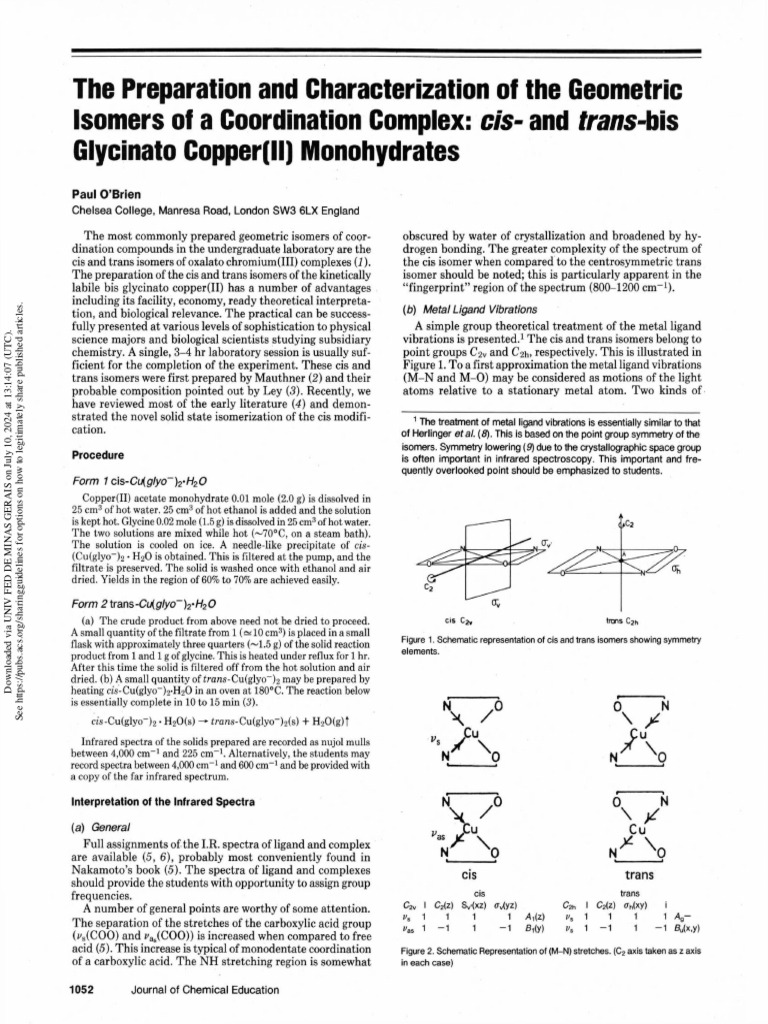 O Brien 1982 The Preparation and Characterization of The Geometric Isomers of A Coordination ...