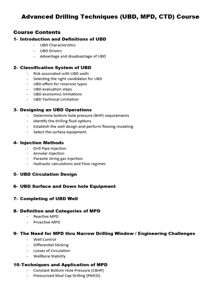 Advance Drilling Techniques - UBD, MPD, CTD Course | PDF | Oil Well ...