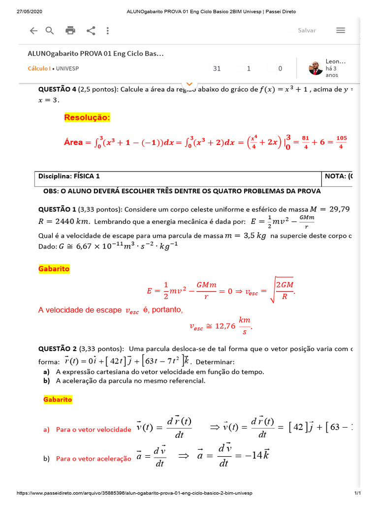 Cálculo 4 ALUNOgabarito PROVA 01 Eng Ciclo Basico 2BIM Univesp - Passei Direto | PDF | Massa ...