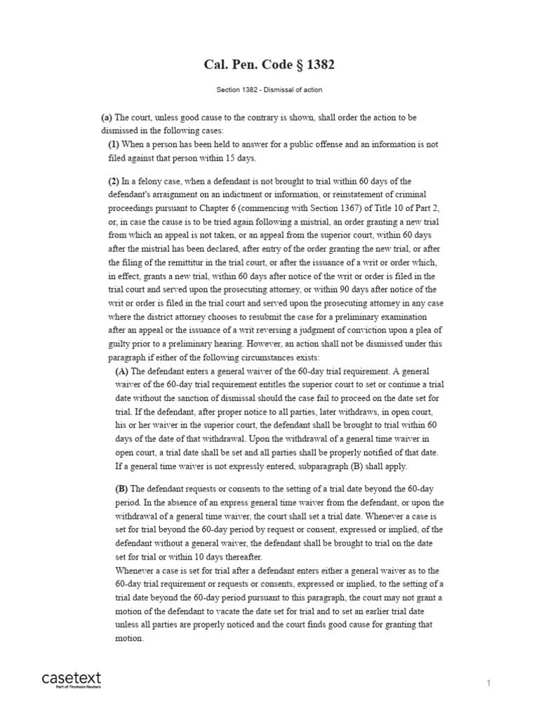 Dismissal of Criminal Actions Under PC 1382 | PDF | Arraignment | Preliminary Hearing