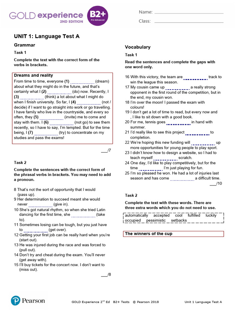 Gold Exp B2P Unit 1 Language Test A | PDF | Linguistics