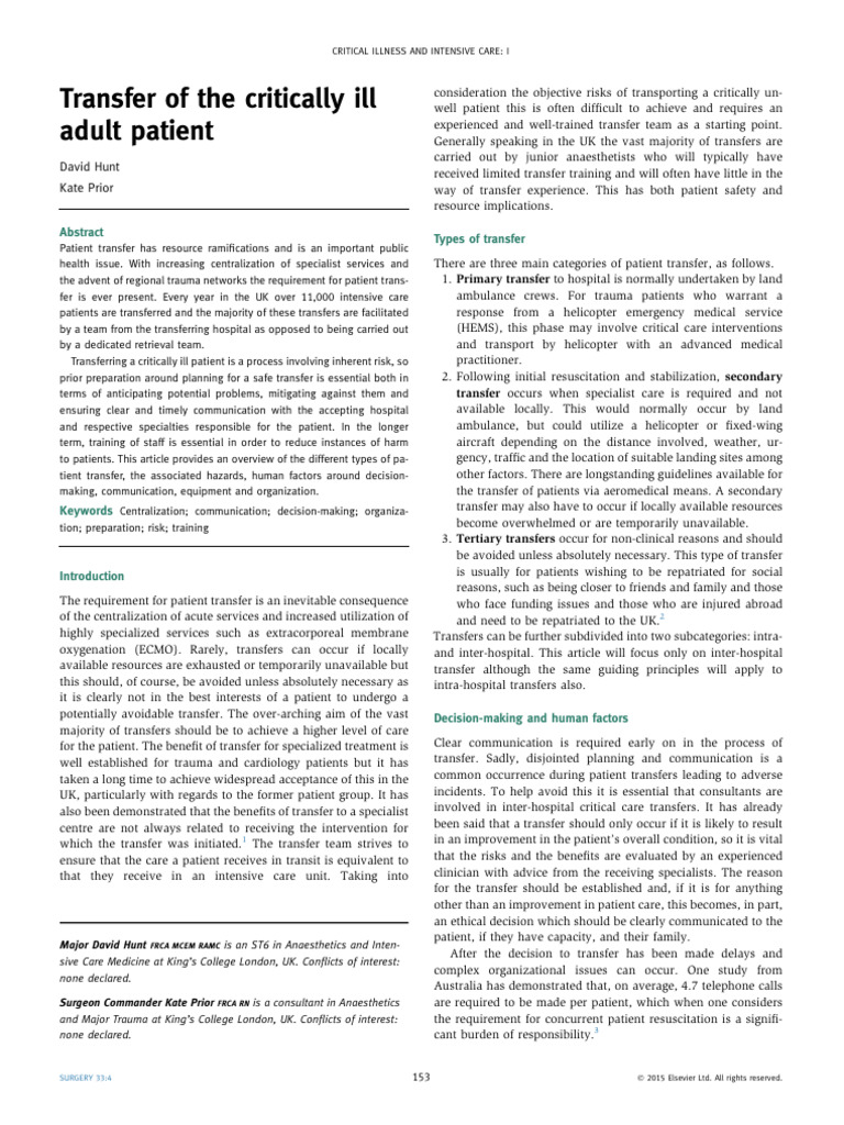 Transfer of The Critically Ill Adult Patient - 2015 - Surgery Oxford ...