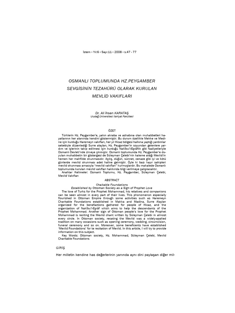 Osmanli Toplumunda HZ - Peygamber Sevg S N N Tezah R Olarak Kurulan Mevl D Vakiflari (#279408 ...