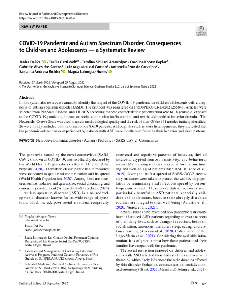 COVID 19 Pandemic and Autism Spectrum Disorder Consequences To Children ...