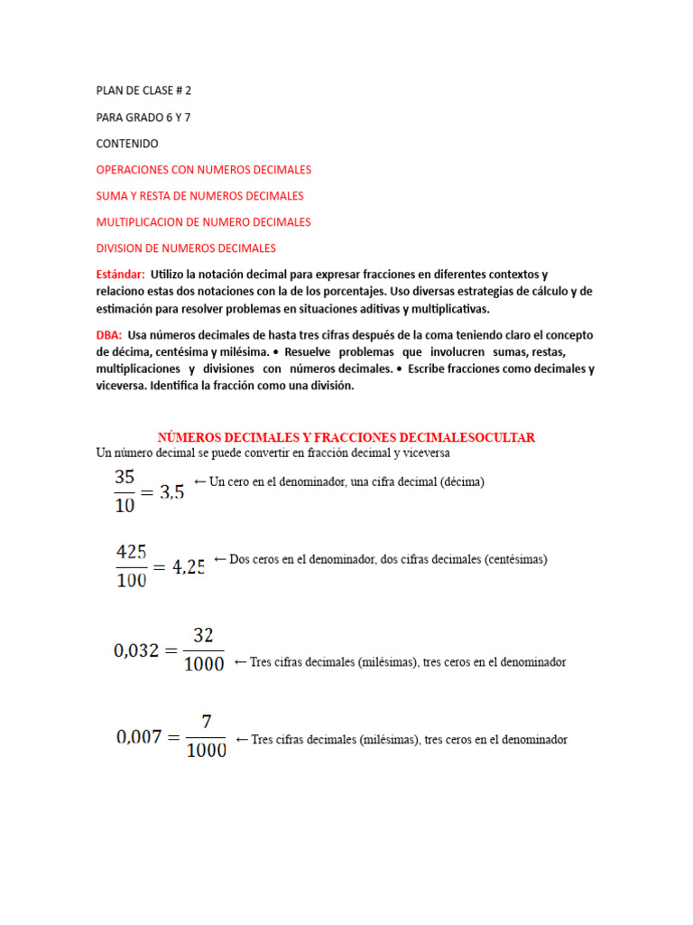 Plan de Clase Grado Sexto y Septimo 3periodo | PDF | División (Matemáticas) | Decimal