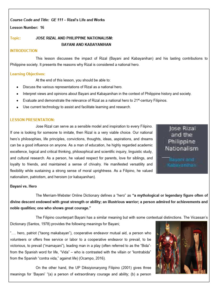 Rizal's Life and Works: Lesson 16 (JOSE RIZAL AND PHILIPPINE NATIONALISM: BAYANI AND KABAYANIHAN ...