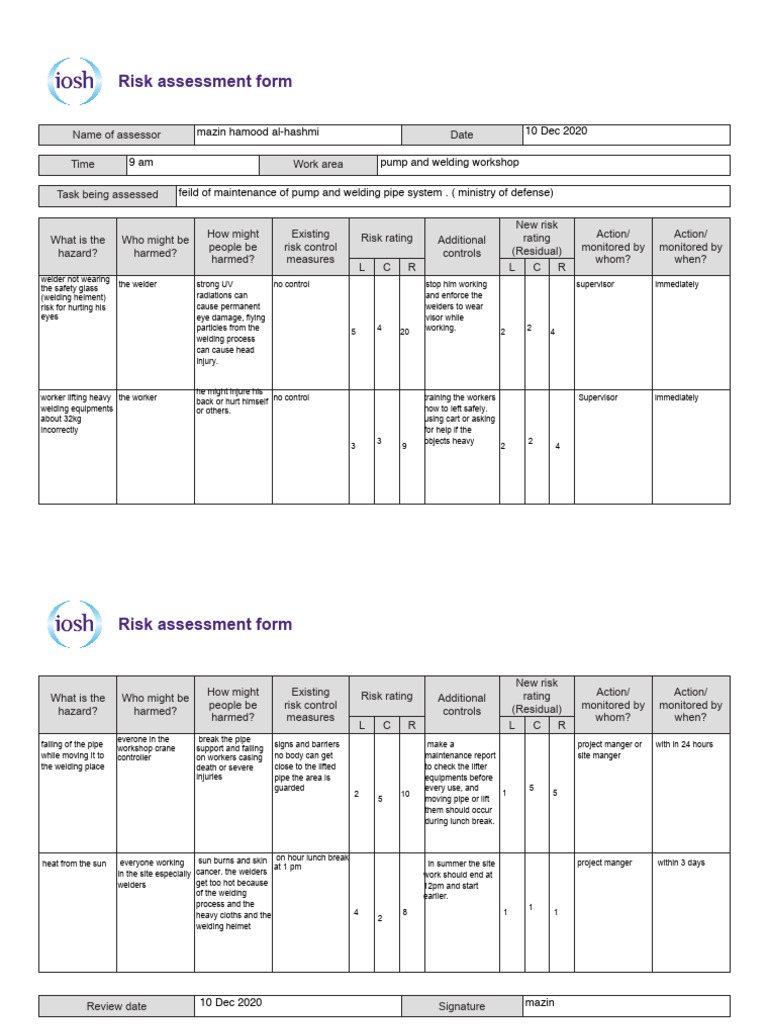 Risk Assessment | PDF | Risk | Welding