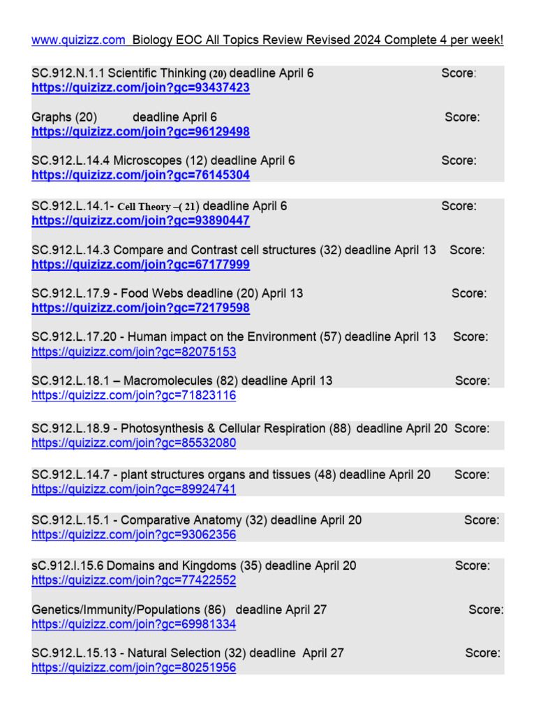 QUIZIZZ_BIO_EOC_ALL_TOPICS_REVIEW_2024_1 15 | PDF | Biology | Cell ...