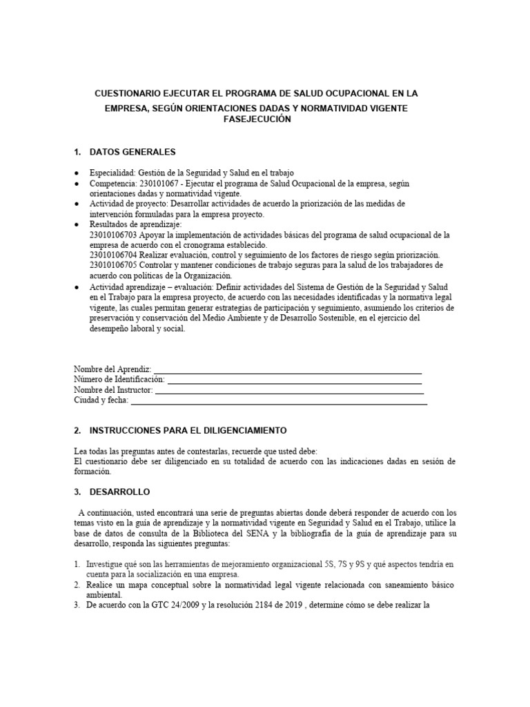 CUESTIONARIO 3. FASE EJECUCIÓN EJECUTAR PSO (1)-1-2-1 | PDF | Higiene ...
