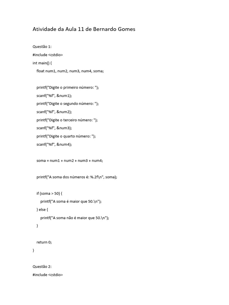 Atividade da Aula 11 de Bernardo Gomes | PDF
