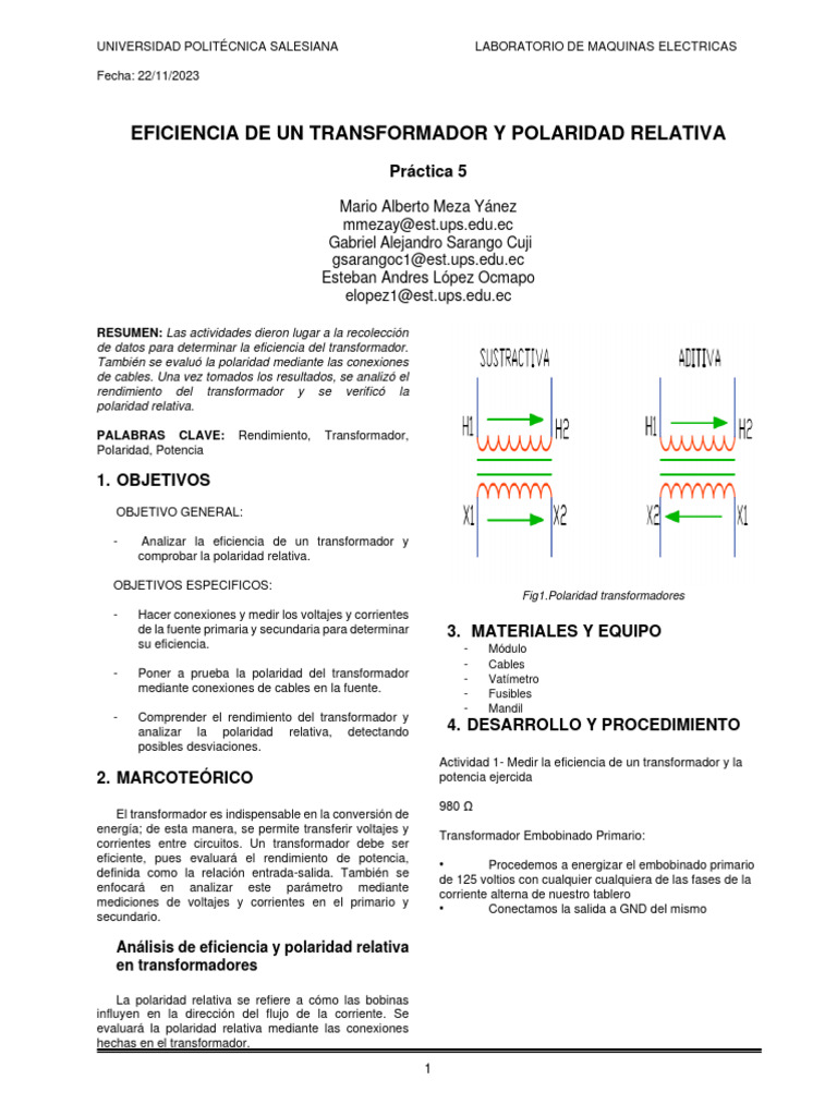 Practica5 - Eficiencia de Un Transformador y Polaridad Relativa | PDF | Transformador | voltaje