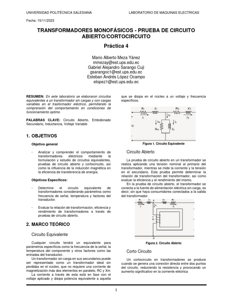 Practica4 CircuitoAbiertoCerradoyconcarga | PDF | Transformador | Ingenieria Eléctrica