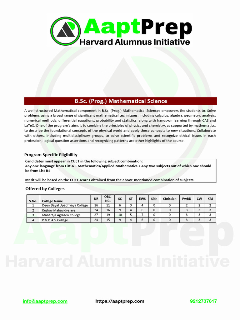 AaptPrep DU B.sc. (Prog.) Mathematical Science Seat Matrix | PDF | Mathematics | Science