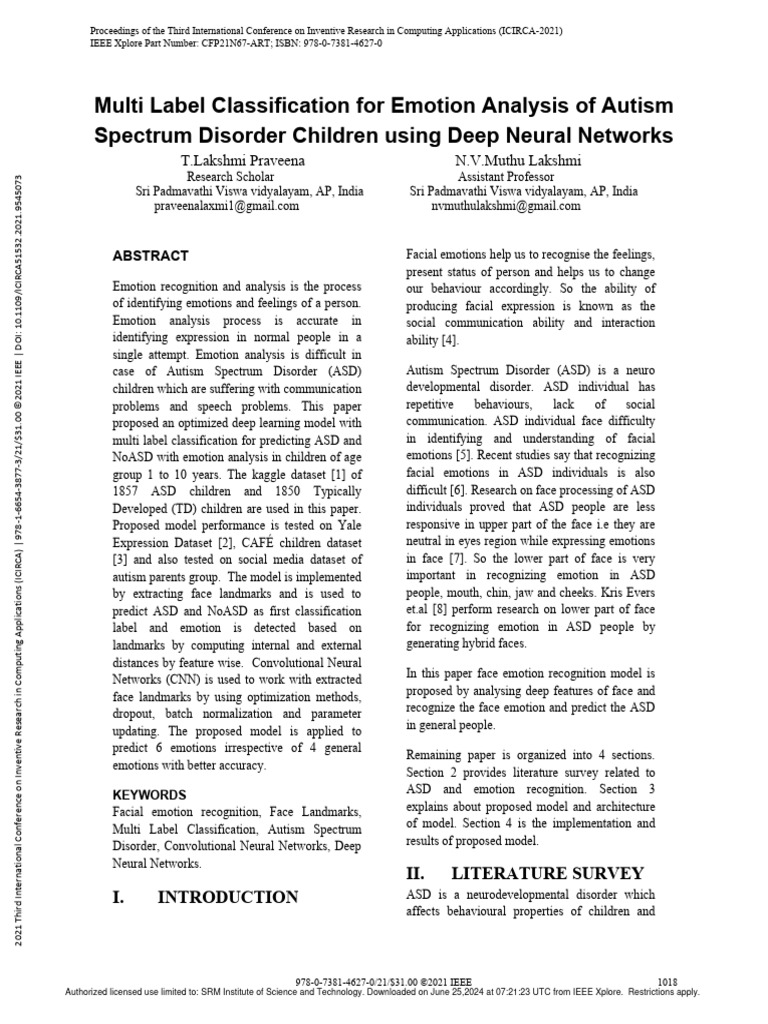 Multi Label Classification For Emotion Analysis of Autism Spectrum Disorder Children Using Deep ...