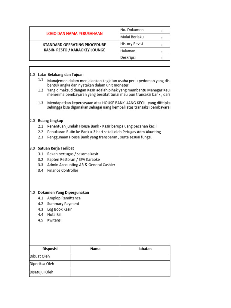 SOP Pengelolaan House Bank Kasir | PDF