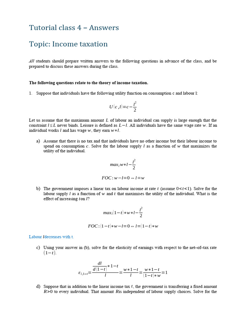 ECON0053 2024 Tutorial Class 4 Answers | PDF | Labour Economics | Taxes