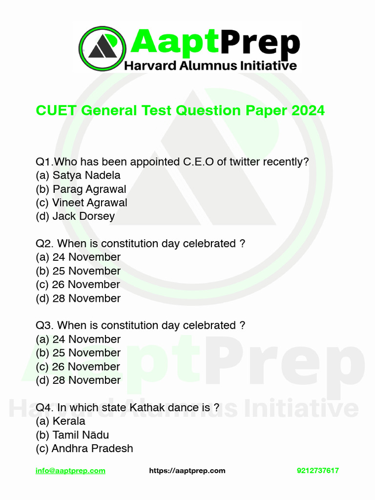 AaptPrep CUET General Test Question Sample Paper 2024 | PDF | Stuttering