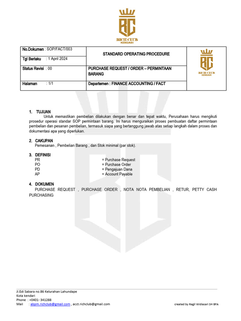 SOP Permintaan Pembelian Barang Finance | PDF