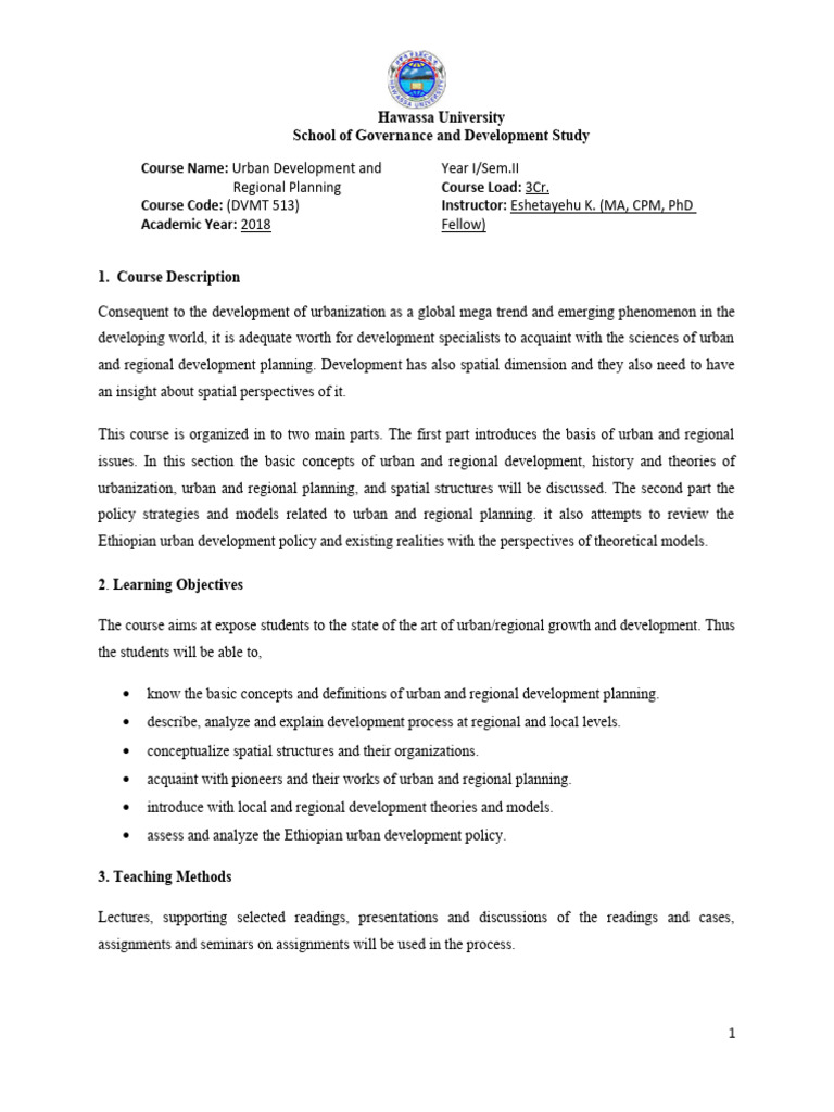 Urban and Regional Development Planning Course Outline Revised | PDF ...