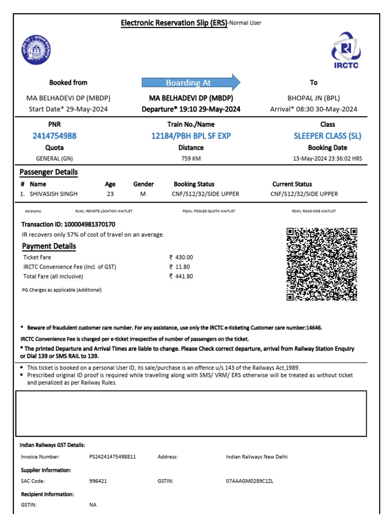 12184/Pbh BPL SF Exp Sleeper Class (SL) | PDF | Identity Document