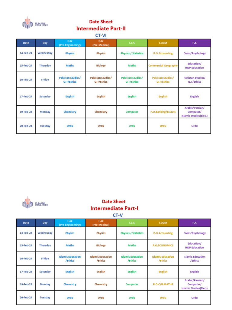Date Sheet Part-I & Part-Ii | PDF