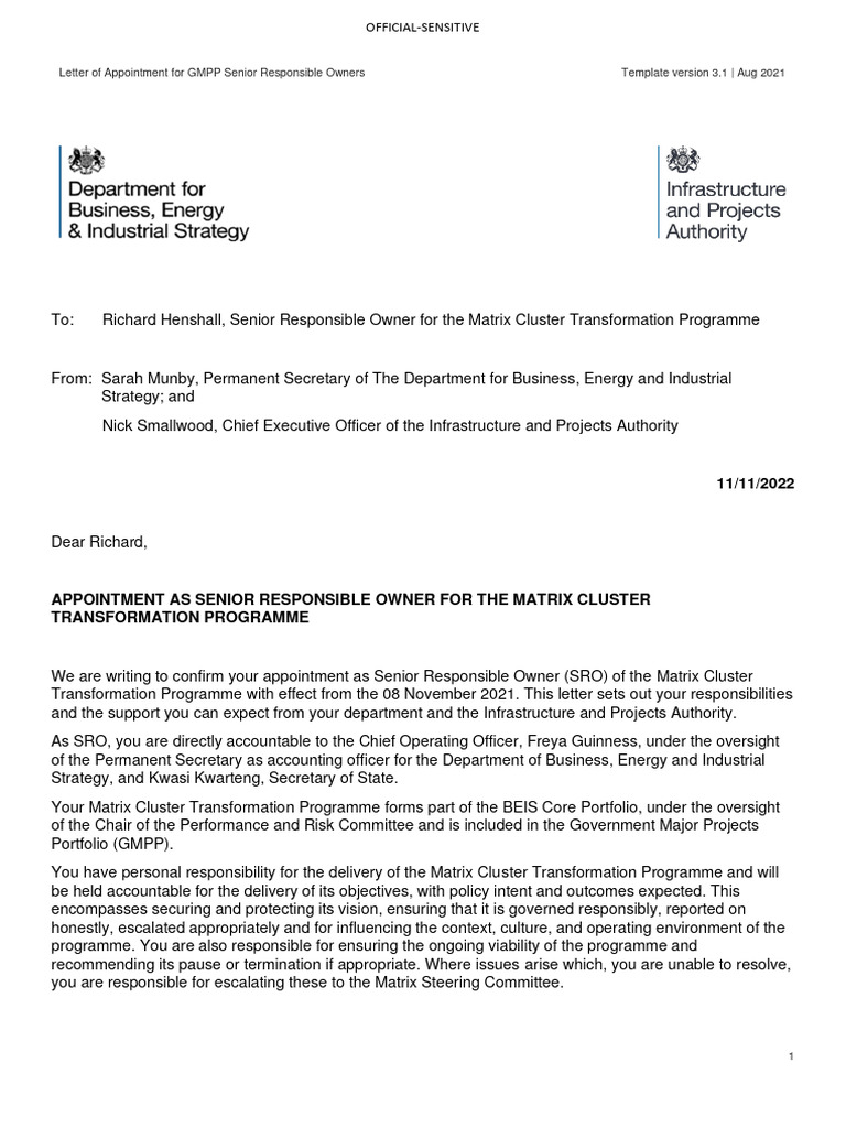 Matrix Cluster Transformation Programme Sro Letter Richard Henshall | PDF | Governance | Leadership