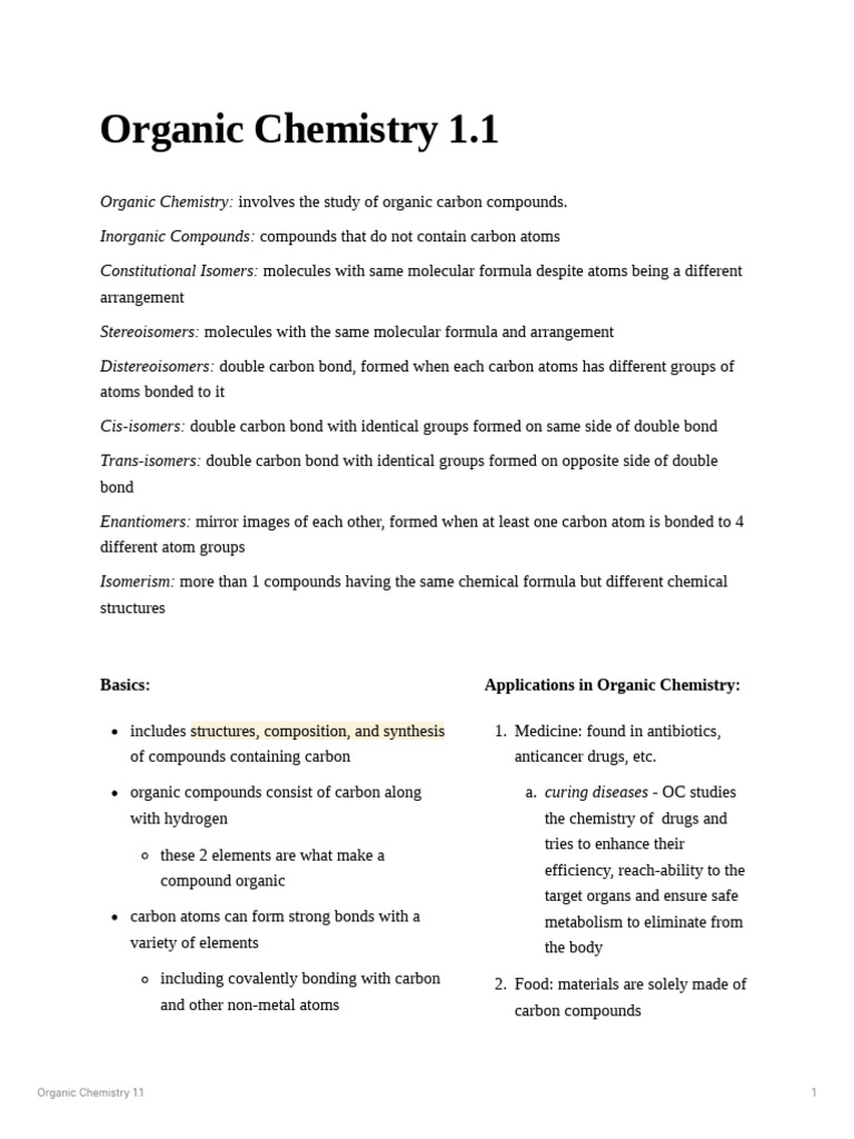 Organic Chemistry 1.1 Notes | PDF | Carbon | Organic Compounds