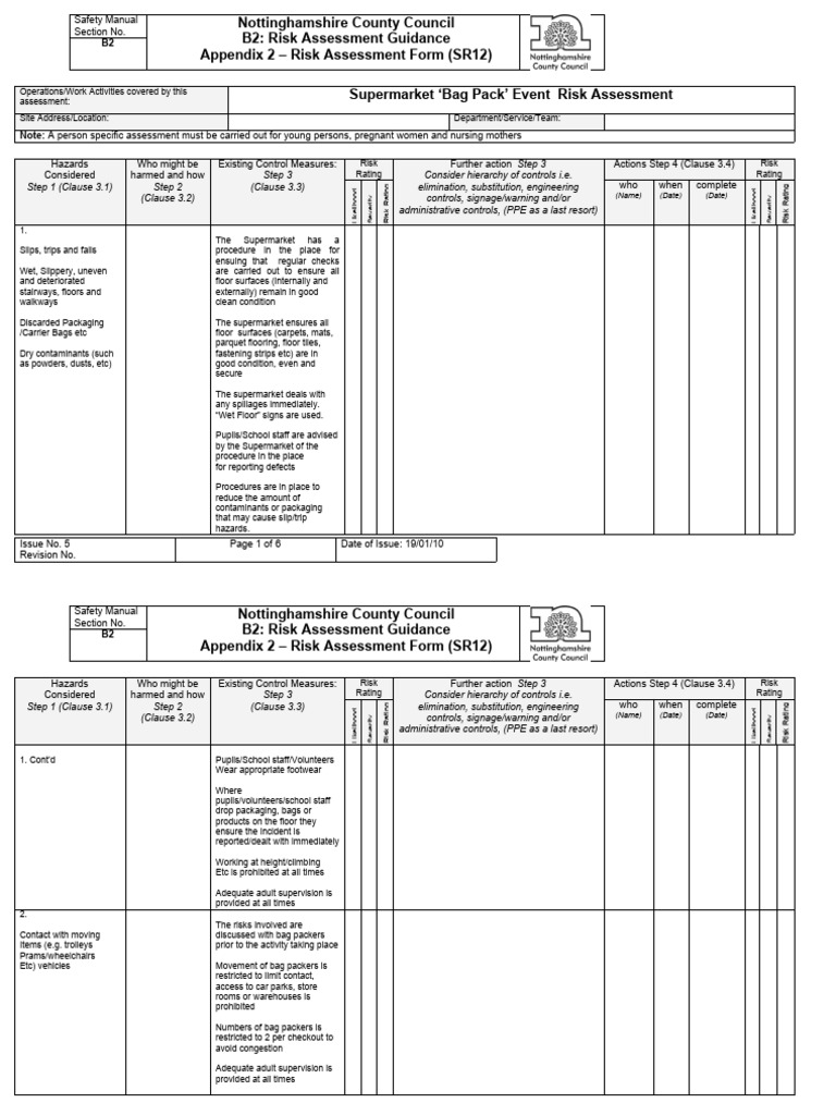 Supermarket Bag Packing Risk Assessment Form | PDF | Risk | Personal ...