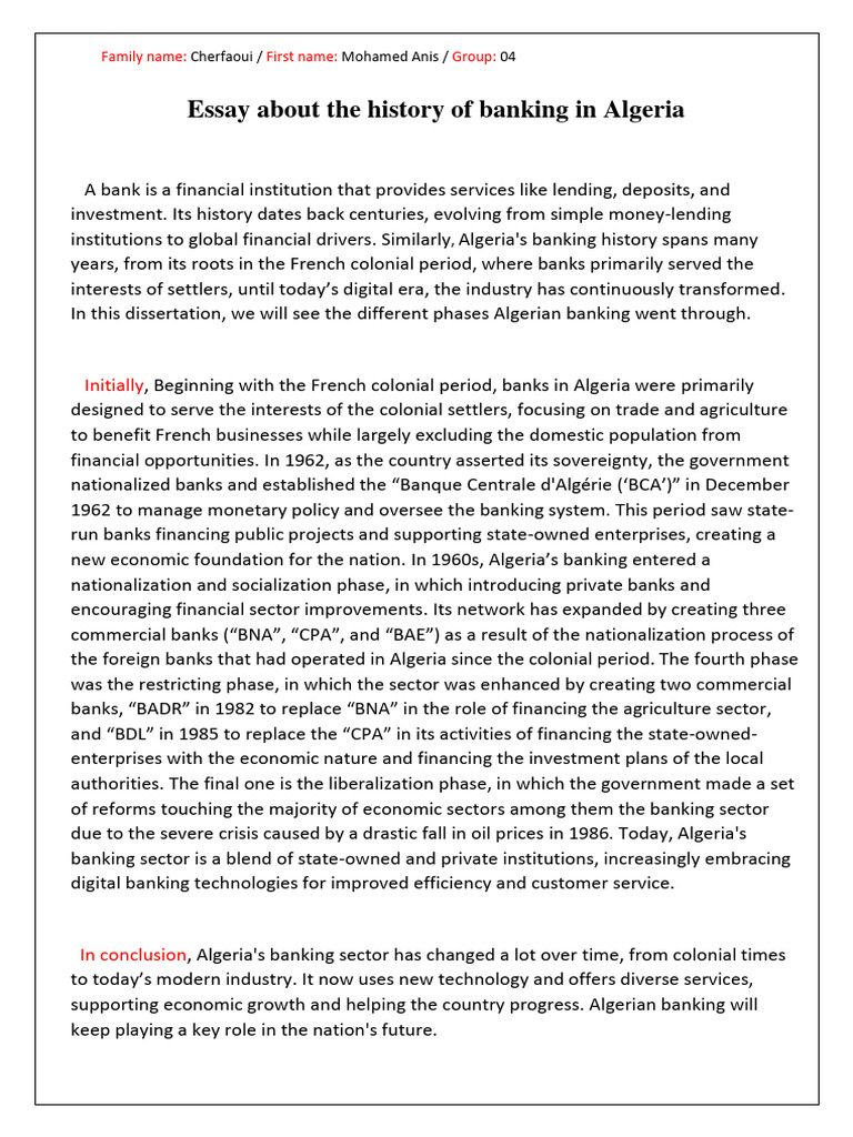 Essay About The History of Banking in Algeria | PDF | Banks | Algeria
