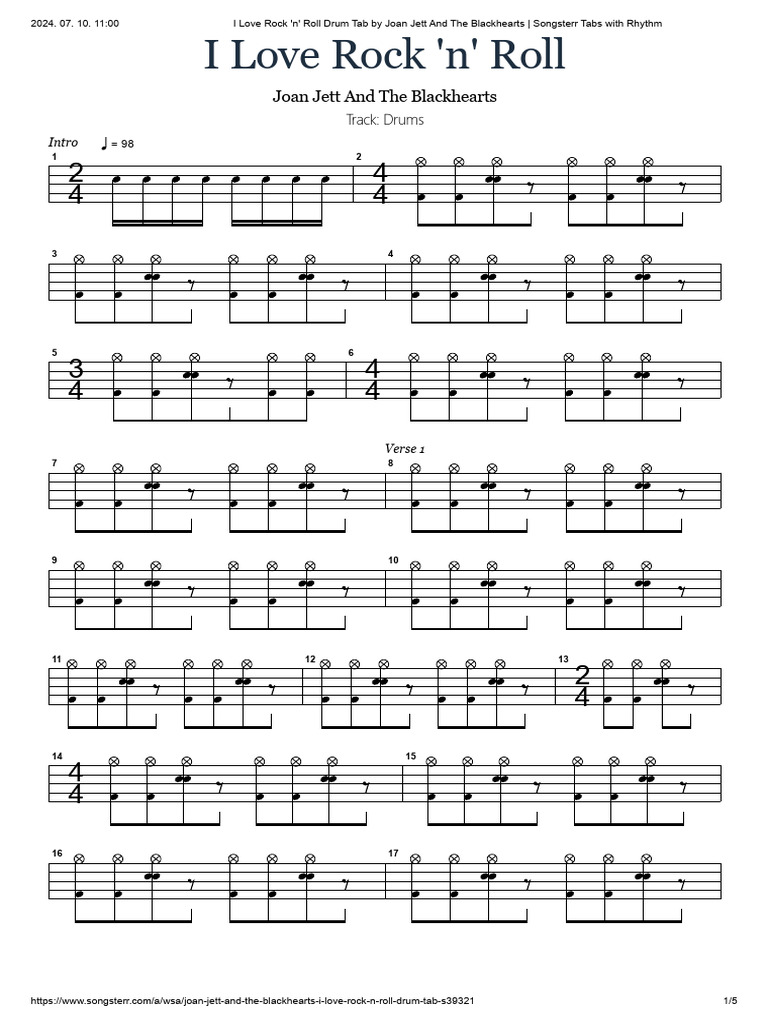 I Love Rock N Roll Drum Tab by Joan Jett and The Blackhearts ...