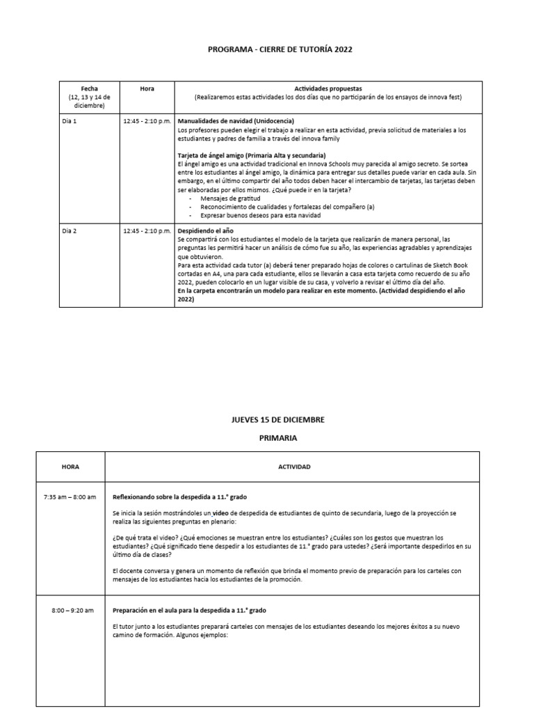 Programa de Cierre de Tutoría - 1.° A 10.° | PDF | Salón de clases