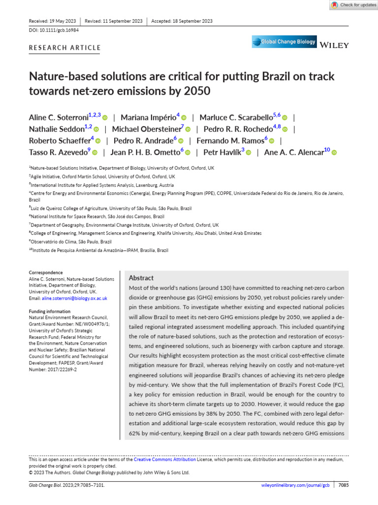 Global Change Biology - 2023 - Soterroni - Nature Based Solutions Are ...