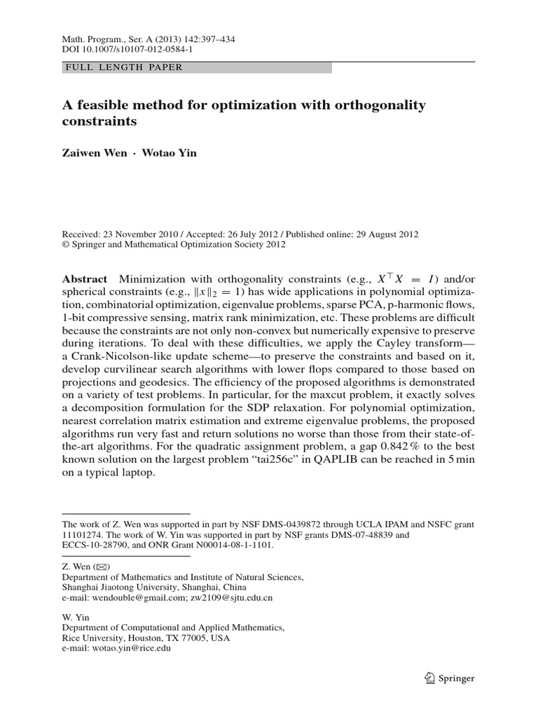 A Feasible Method For Optimization With Orthogonality Constraints | PDF | Mathematical ...