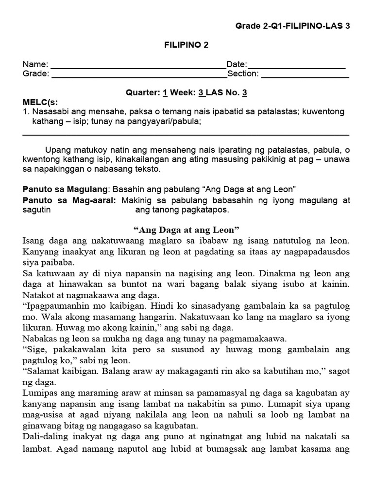 Grade 2-Q1-FILIPINO-LAS-Week-3 | PDF