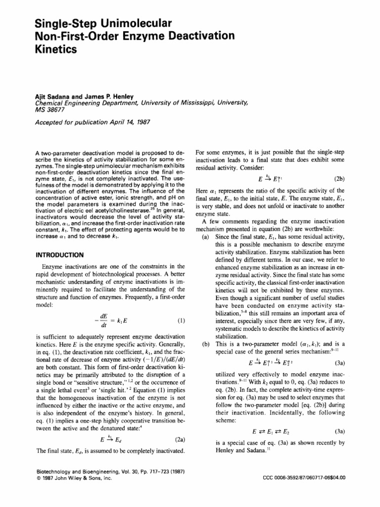 1987single-Step Unimolecular Non-First-Order Enzyme Deactivation | PDF | Enzyme Kinetics | Enzyme