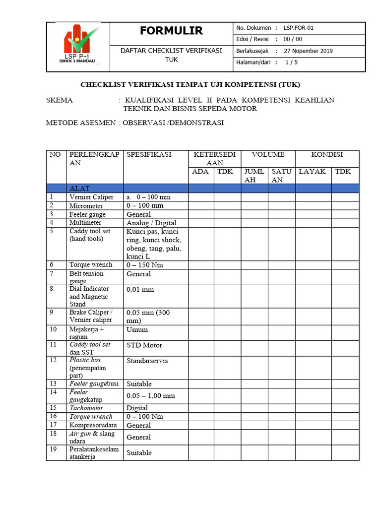 Checklist Verifikasi TUK Sepeda Motor | PDF