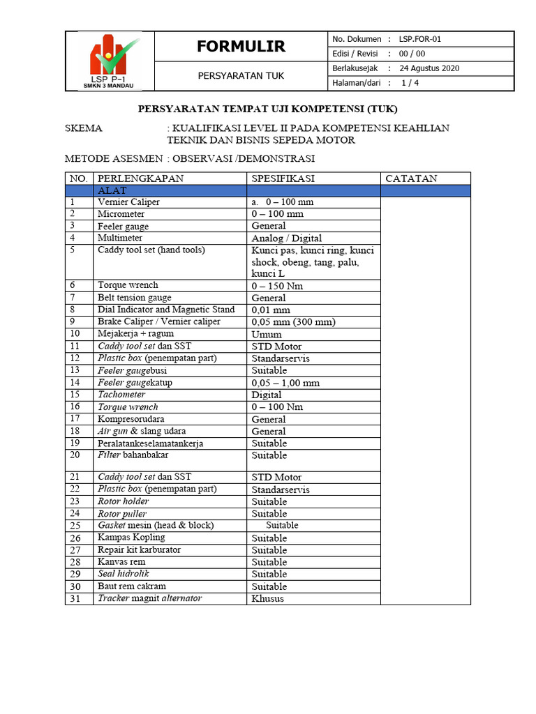 TBSM - PERSYARATAN TUK TBSM LSP SMKN 3 Mandau | PDF