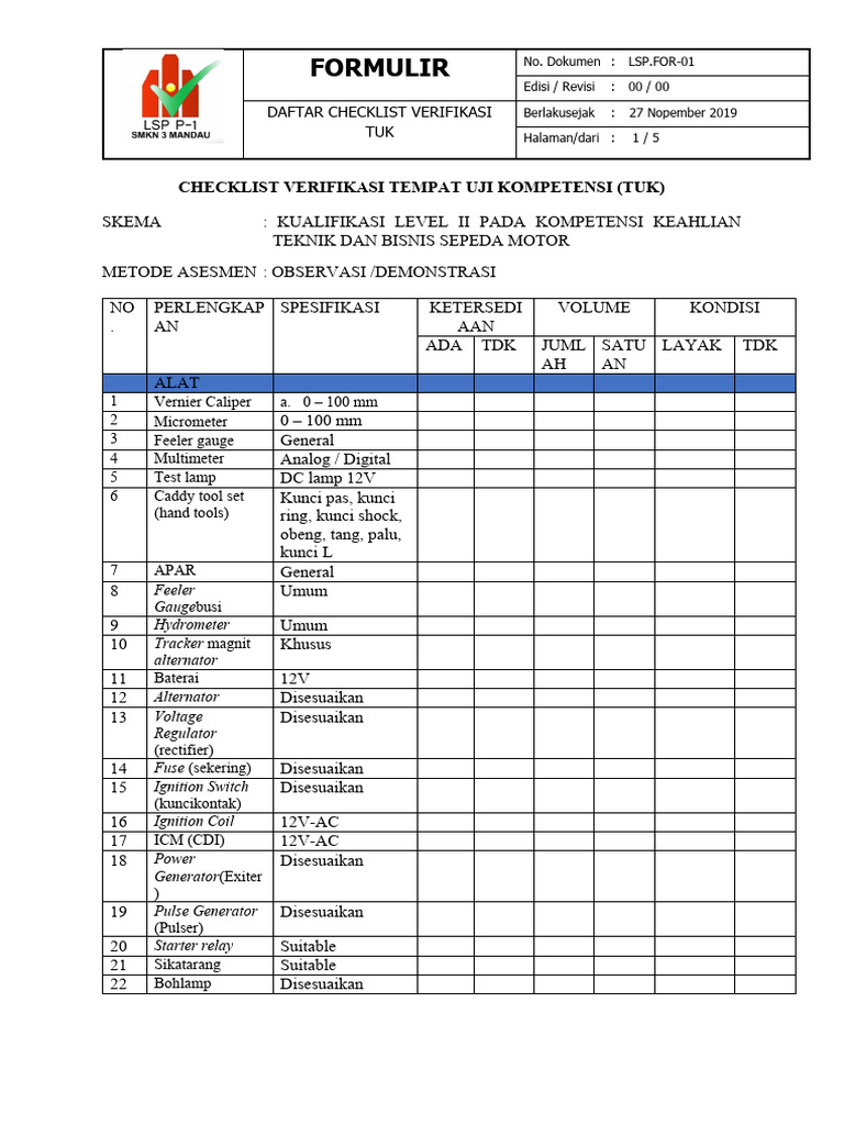 TBSM - CHECKLIST VERIFIKASI TUK TBSM LSP SMKN 3 Mandau | PDF