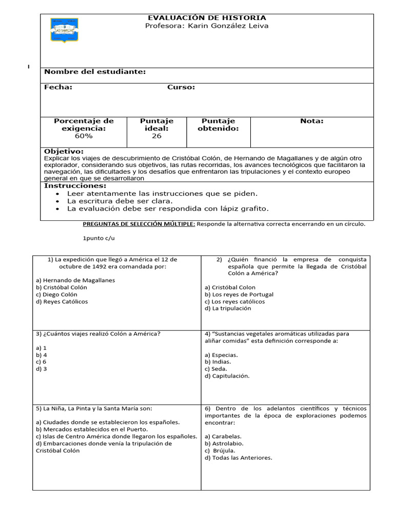 Evaluacion Unidad 2 Historia | PDF | Cristobal colon | Exploración