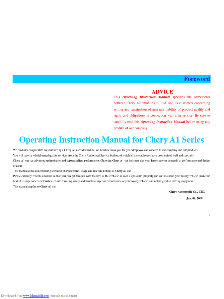 Operating Instruction Manual For Chery A1 Series: Foreword | PDF ...