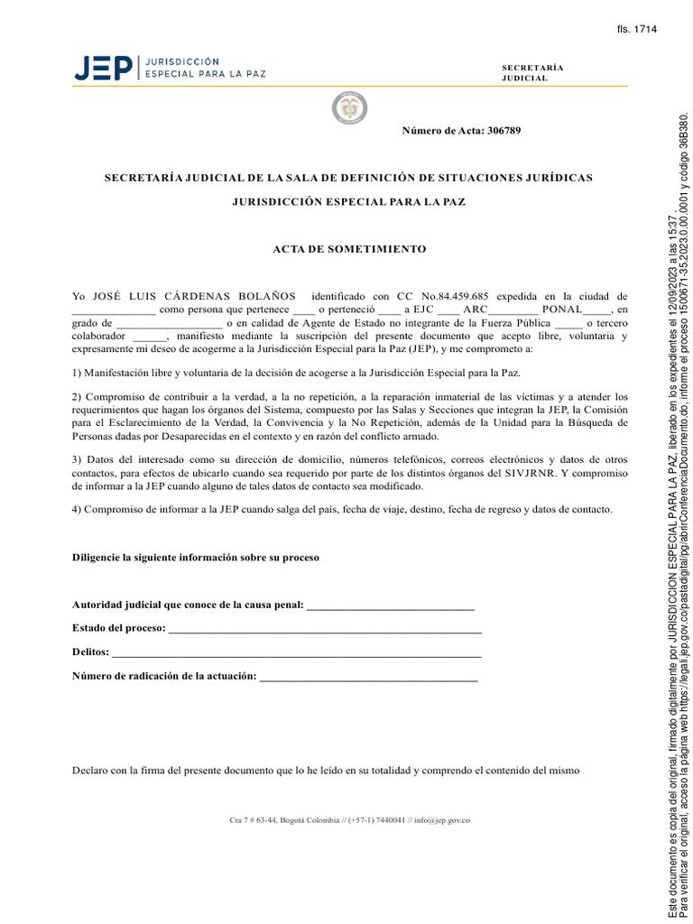 Secretaría Judicial: Cra 7 # 63-44, Bogotá Colombia // (+57-1) 7440041 // Info@jep - Gov.co ...