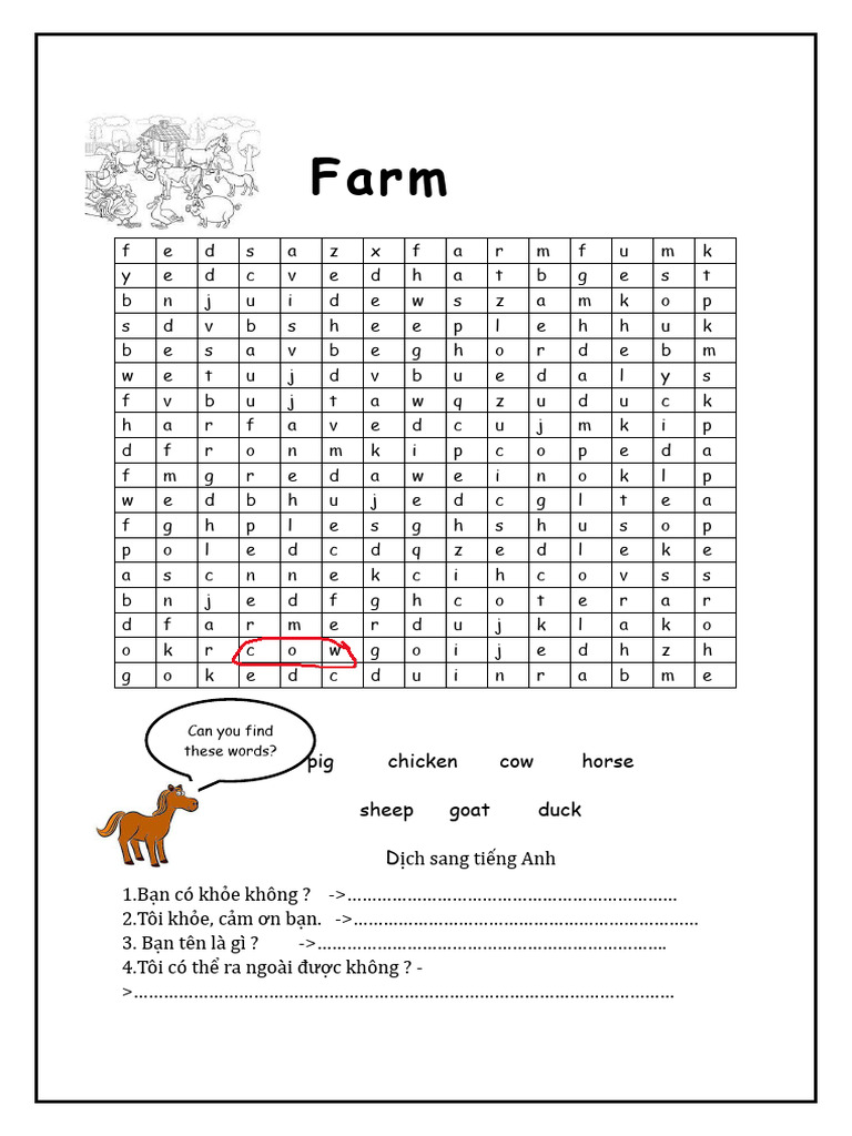 Farm Animals Word Search Wordsearches - 77082 | PDF